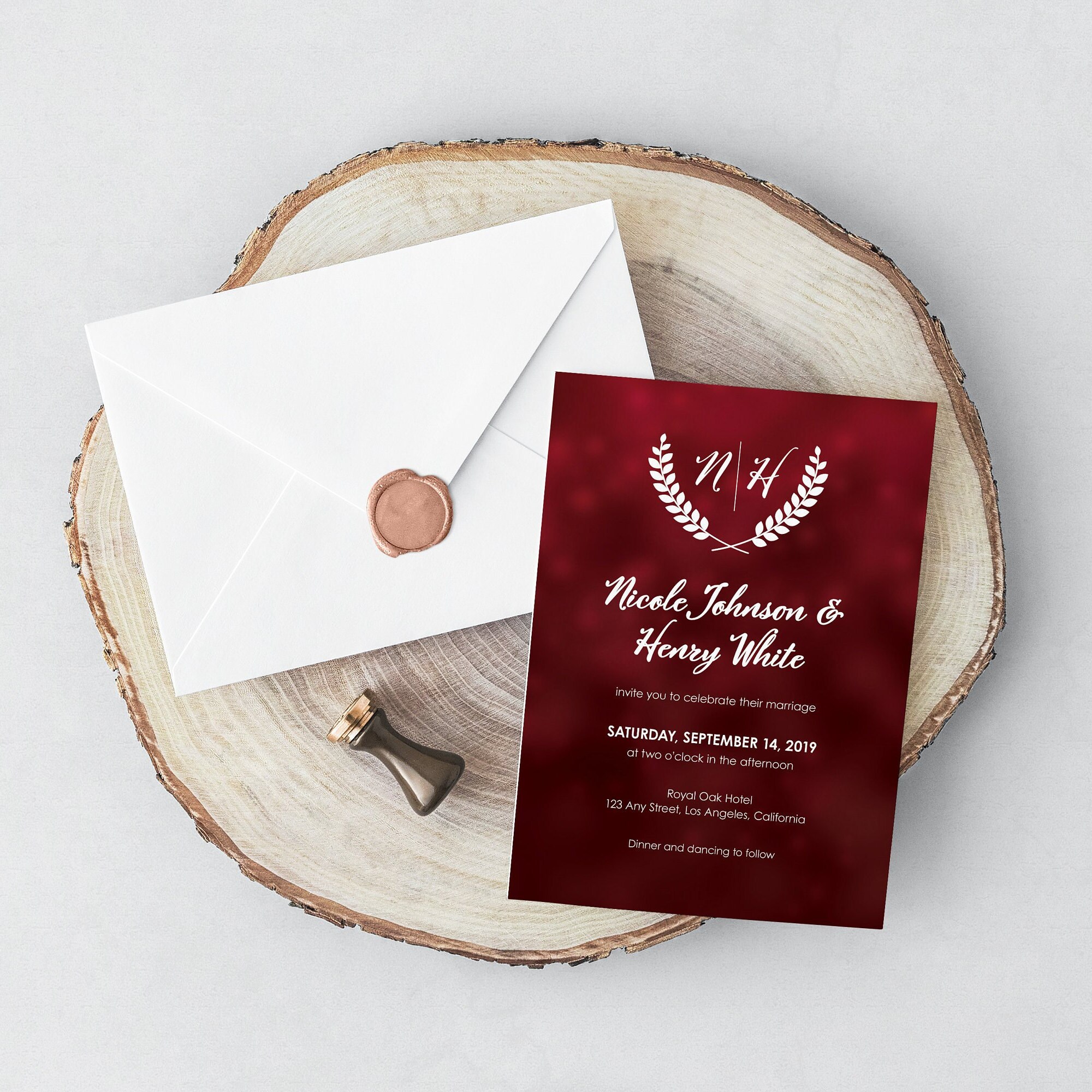 Red Wedding Invitation Template, Wedding Invites With Monogram Logo ...