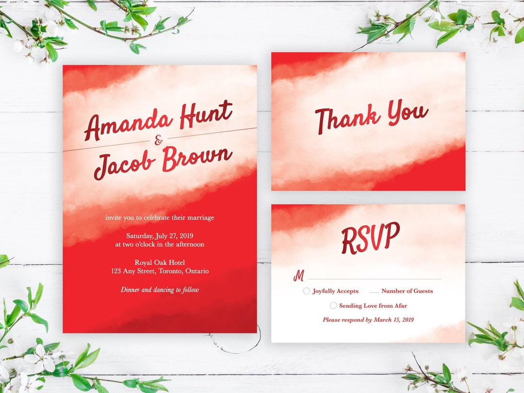 Red Watercolor Wedding Invitation Template, Red Wedding Invites With ...