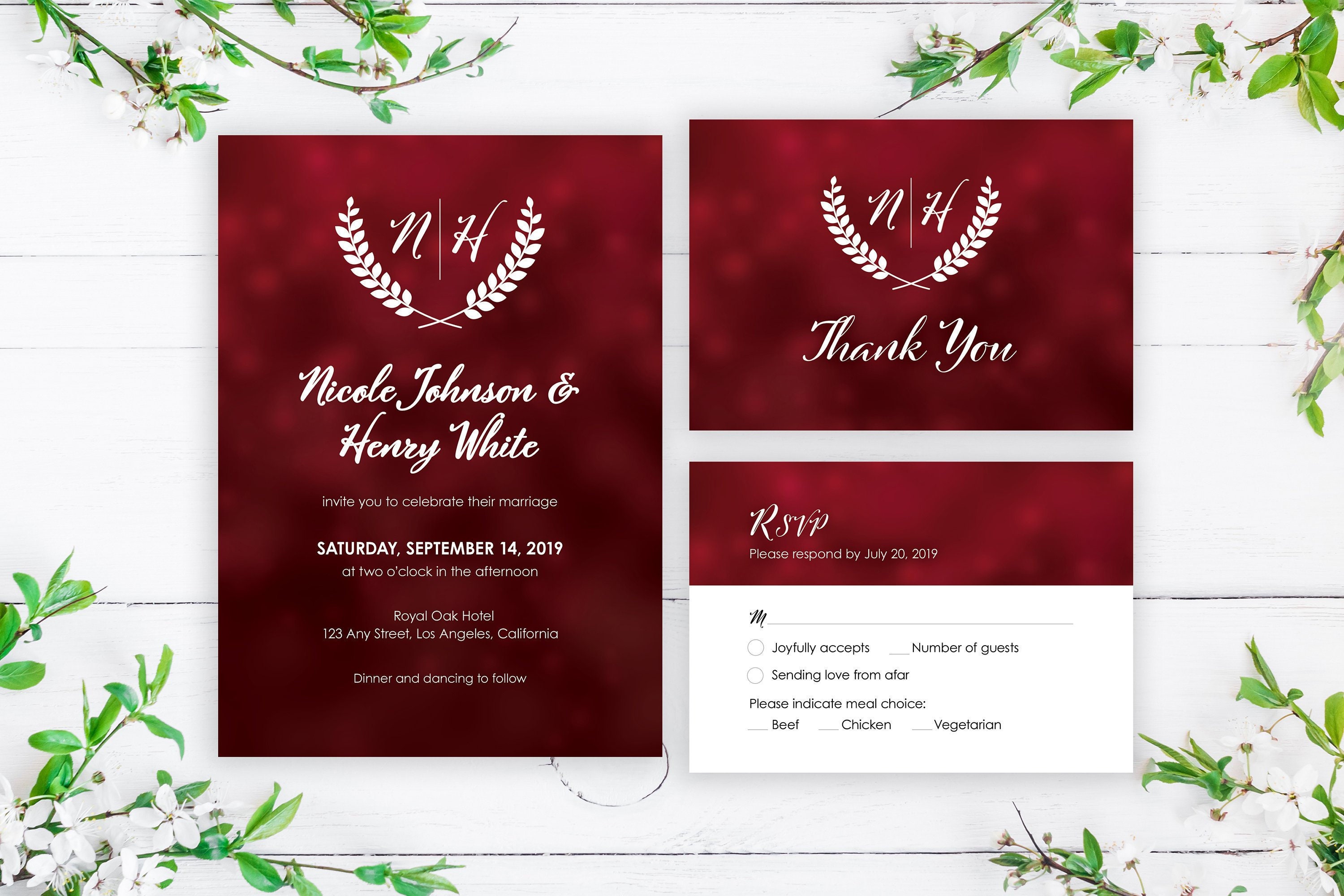 Red Wedding Invitation Template, Wedding Invites With Monogram Logo ...