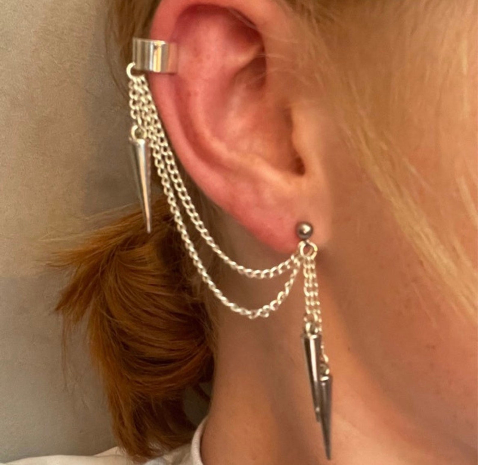 Dangly Silver Spikes Chain Ear Cuff Earrings Set Chain - Etsy