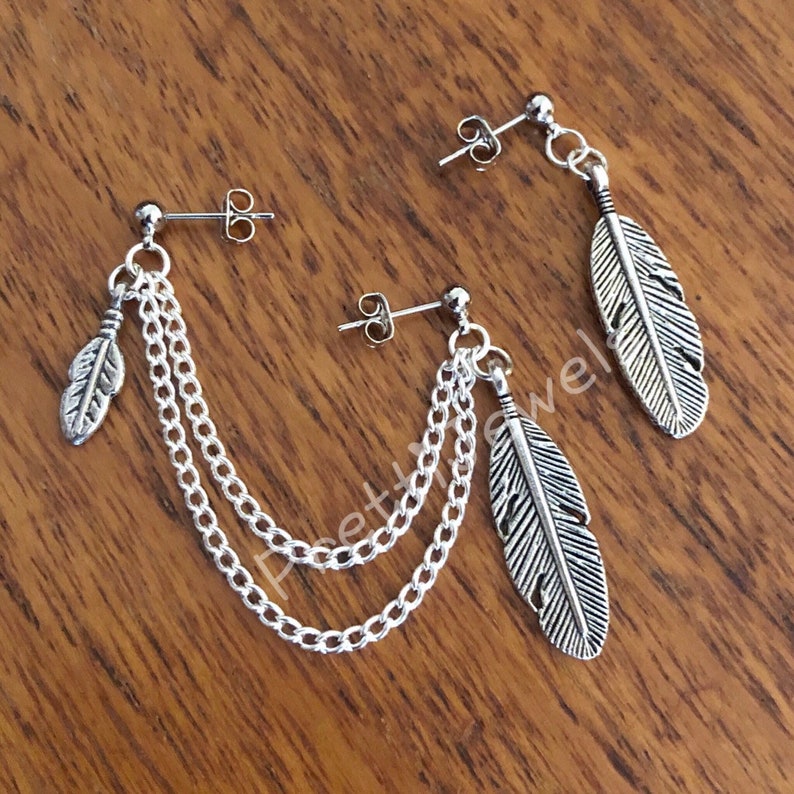 Feather Leaf Double Piercing Earrings - Etsy