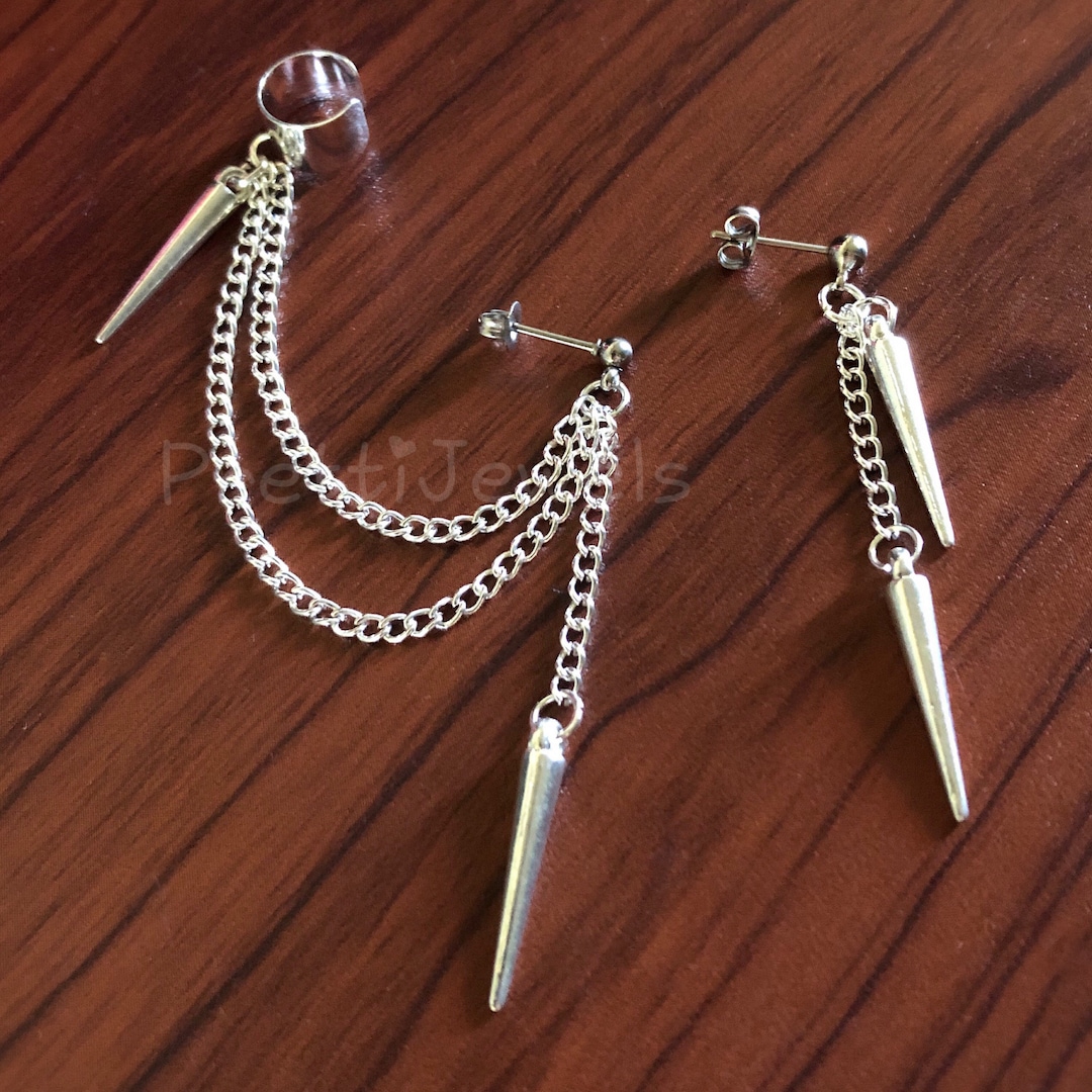 FREE SHIP Dangly Silver Spikes Ear Cuff Set Ear Cuff, Chain Earrings ...