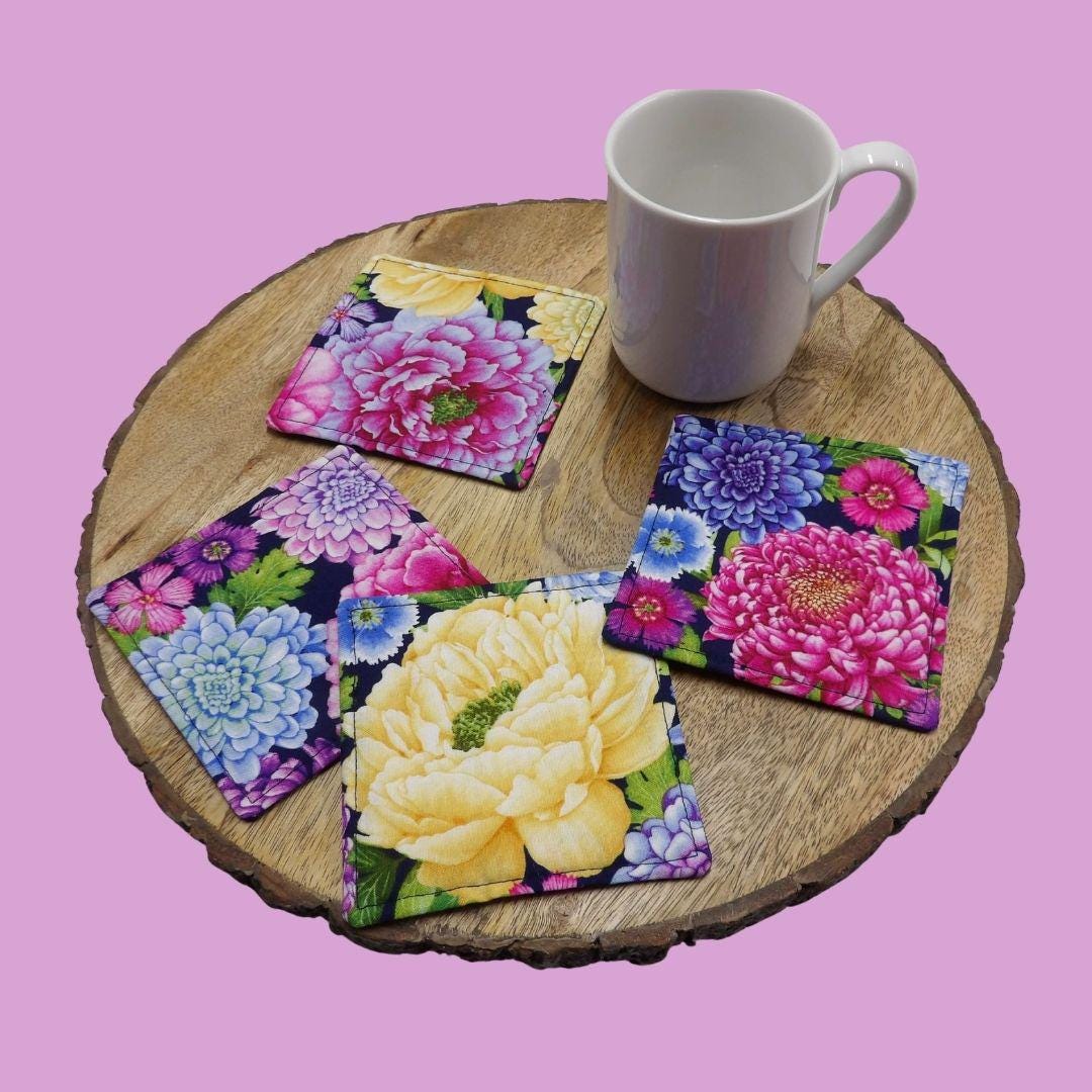 1243 Floral Fabric Coasters - Set of Four - Chrysanthemums & Peonies ...