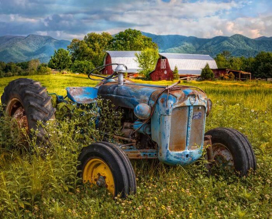 1760 Blue Tractor & Barns 100% Cotton Fabric Panel From David Textiles ...