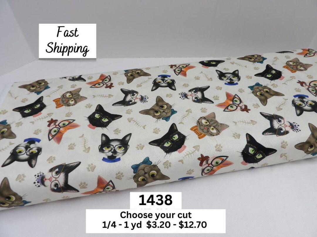 1438 Whimsical Tossed Cats' Heads With Glasses 100% Cotton Fabric ...