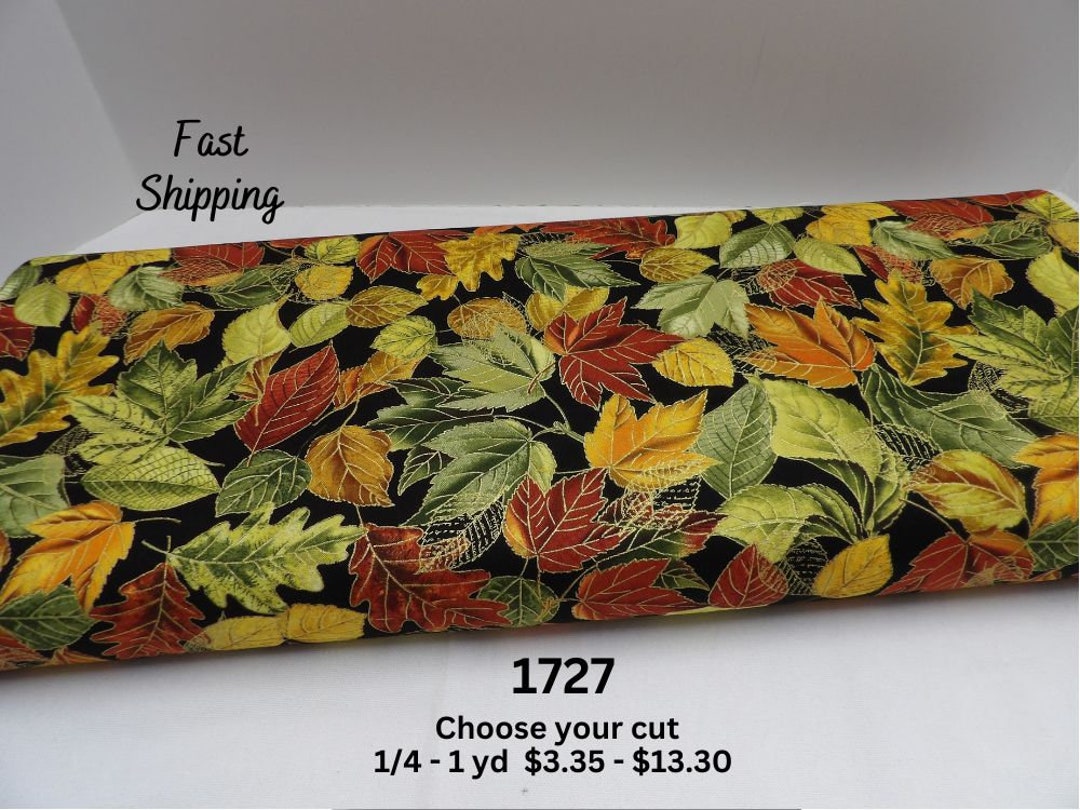 1727 Black Metallic Fall Leaves 100% Cotton Fabric by the Yard ...