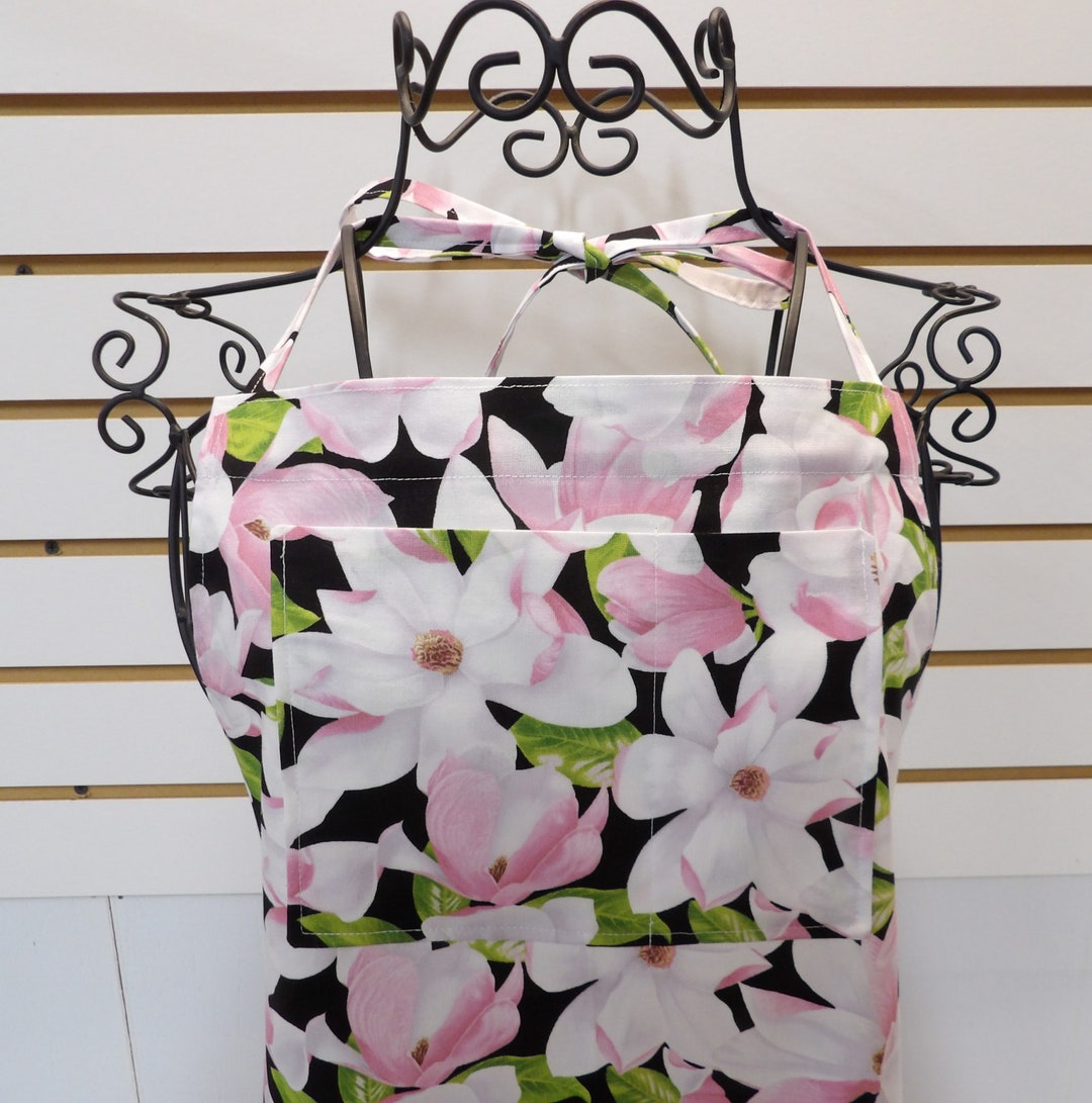 1432 Floral Apron With Magnolias in Pink and White on Black Background ...