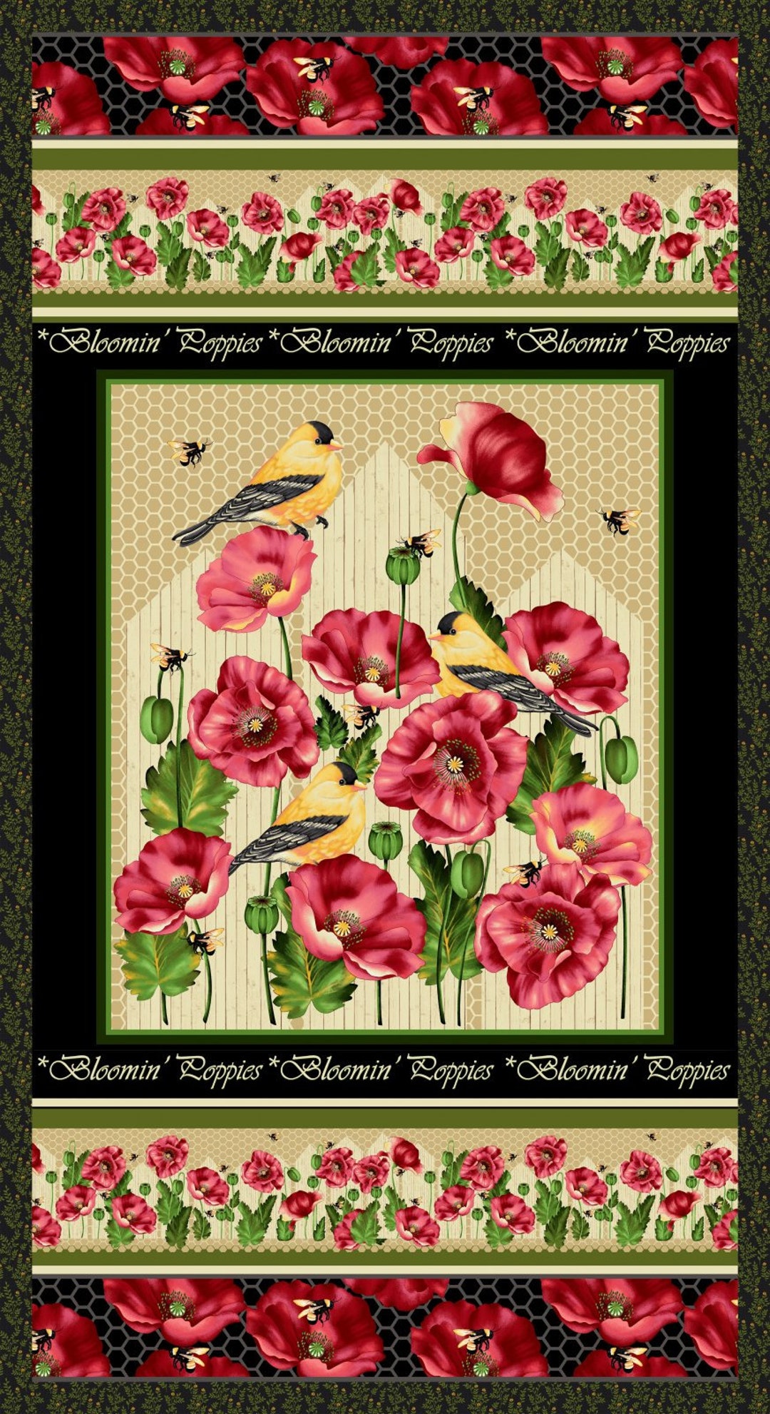 1397 Vibrant Red Poppies & Goldfinches 100% Cotton Fabric Panel. Design ...