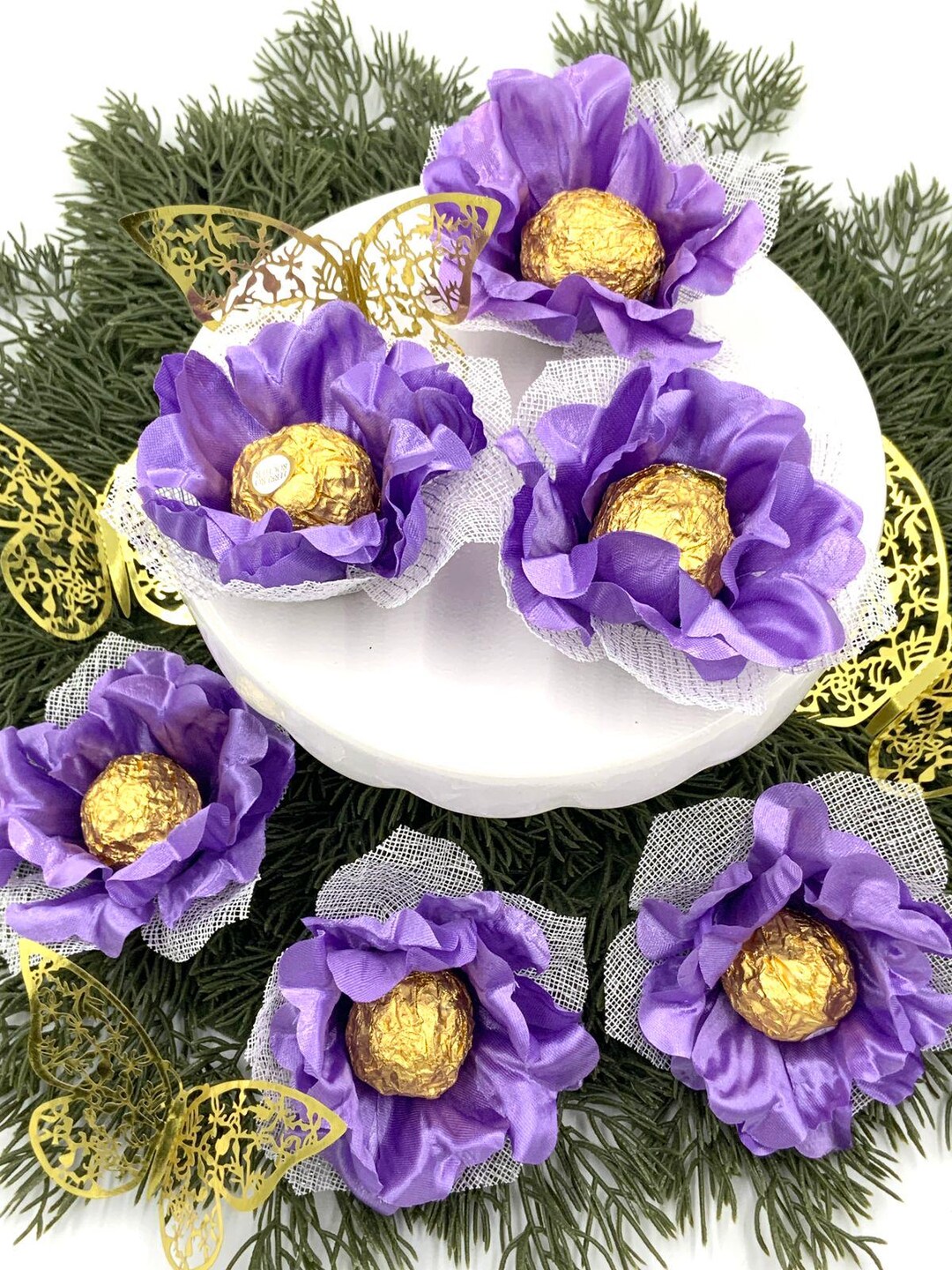 Violet Fabric Flower Truffle Favor, Wedding Centerpiece Decor (box of 6 ...