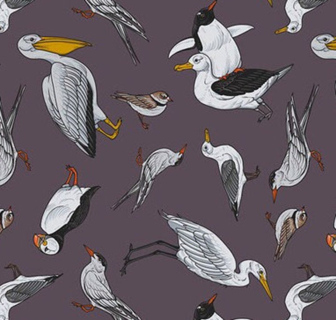 Cotton Fabric Albatross Seagull Puffin Penguin Pelican Sandpipers Sea ...