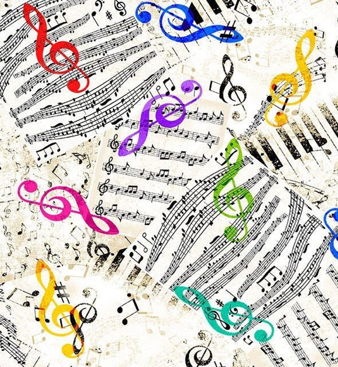 Cotton Fabric, Musical Design With Colorful Notes and Clefs – Timeless ...