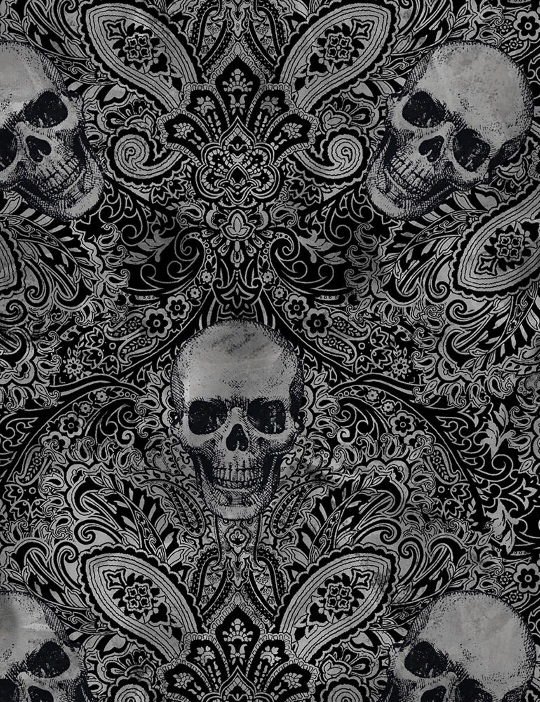 Cotton Filigree Skulls, Skull, Skulls, Black, Gray, Sewing, Cotton ...