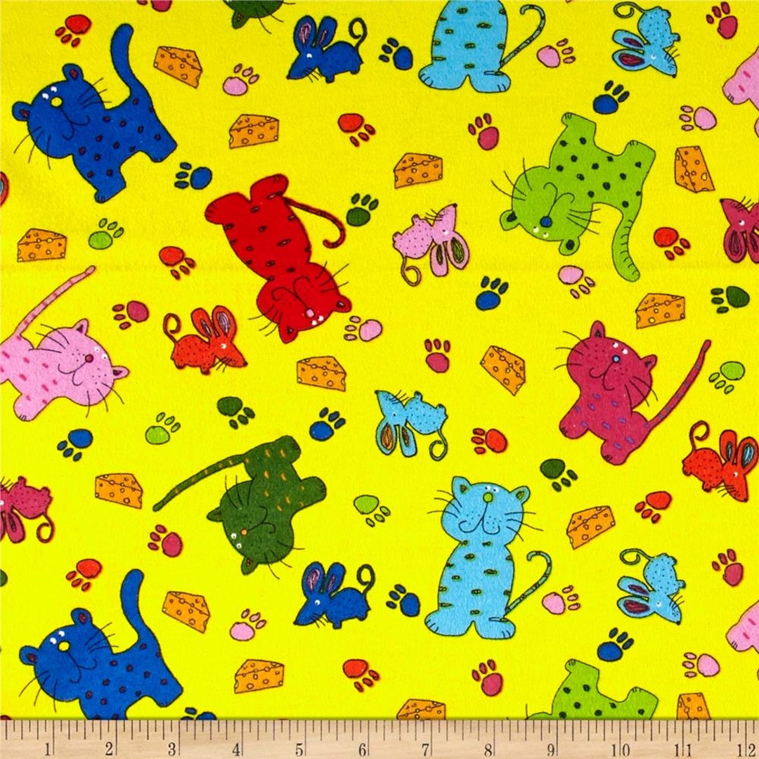 Flannel Cats, Cat, Mouse, Mice, Yellow, Fabric, Sewing, Cotton, 0.50 M ...