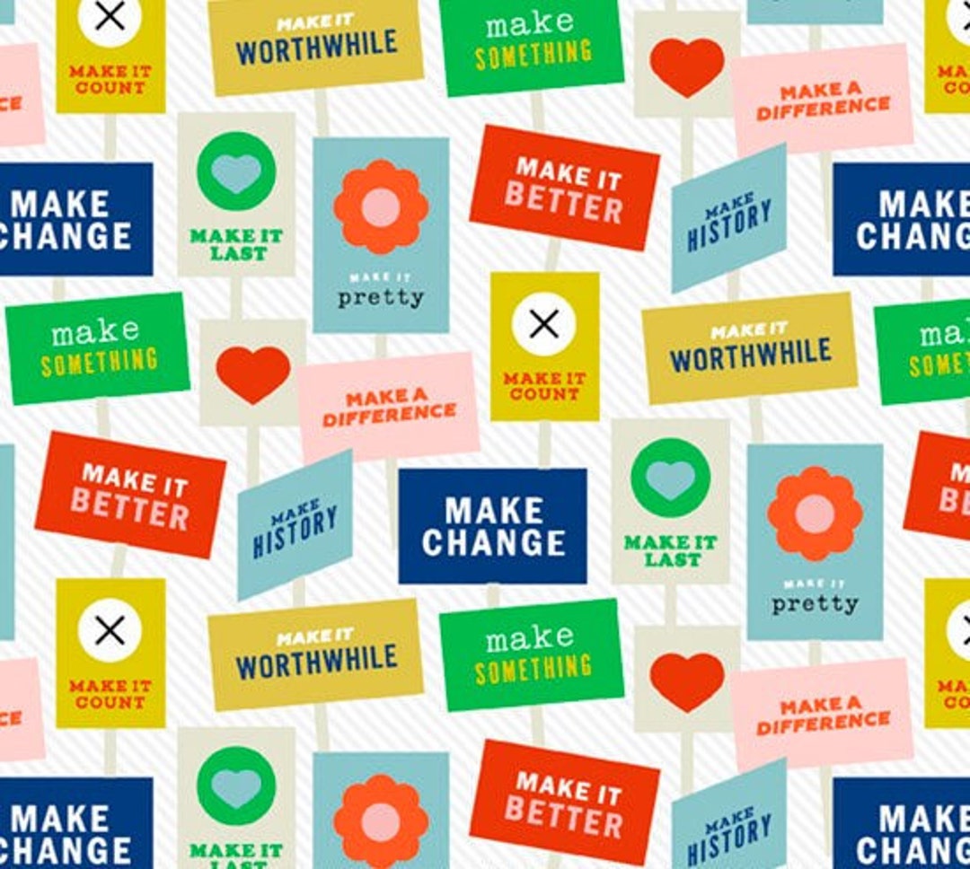 Cotton Fabric "positive Messages With Heart" Colorful Design With ...