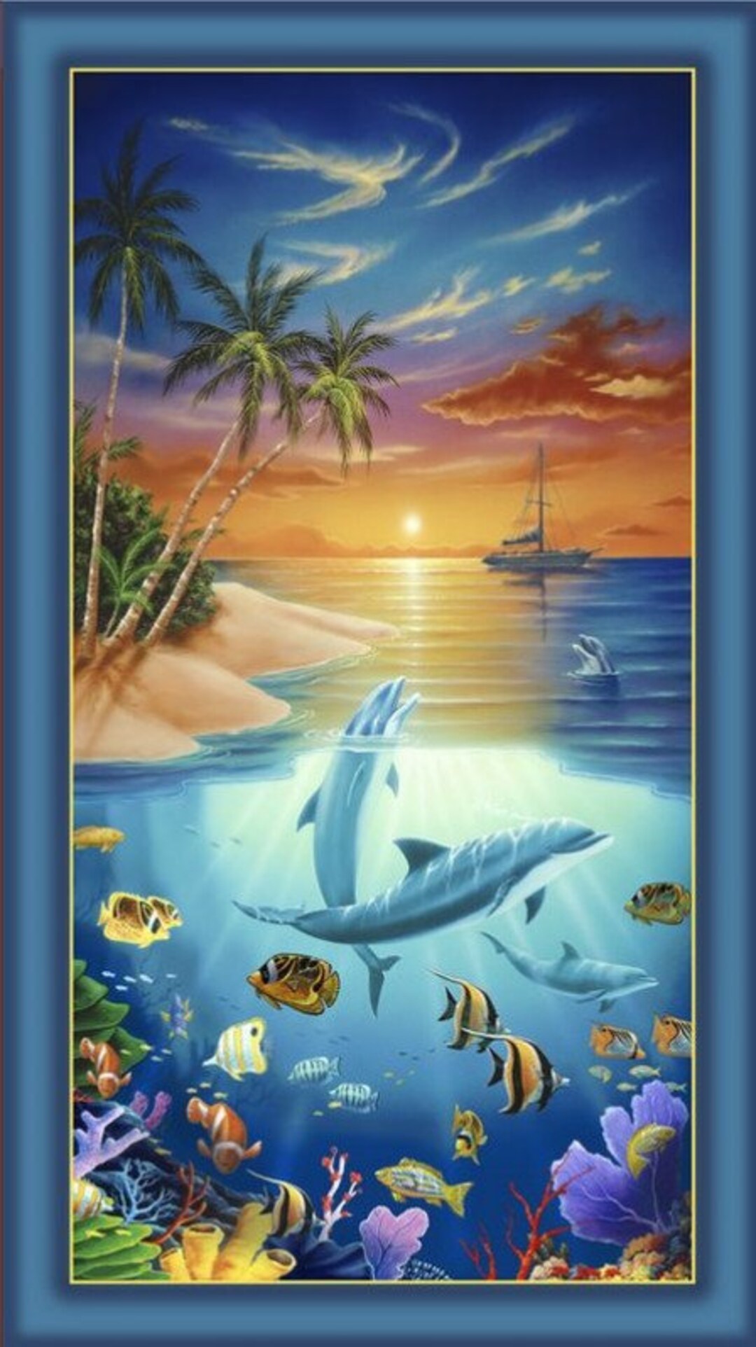 Panel Dolphins Fish Corals Palm Trees Fabric Cotton - Etsy