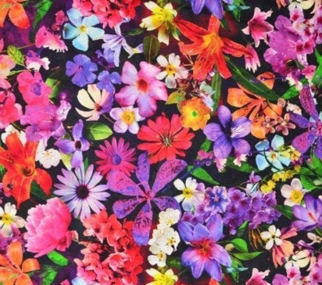 Cotton Fabric FLOWERS Blossoms Floral Hibiscus Iris DIGITAL PRINT ...