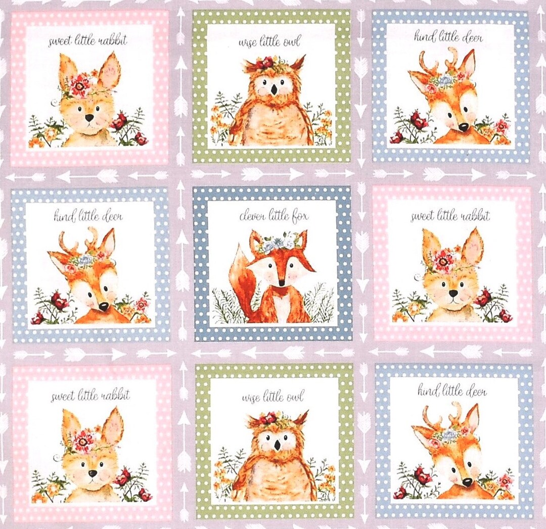 Baumwolle Hase Eule Fuchs Reh, Panel, 4 komplette Reihen, Waldtiere, Vögel, Blumen, nähen ...