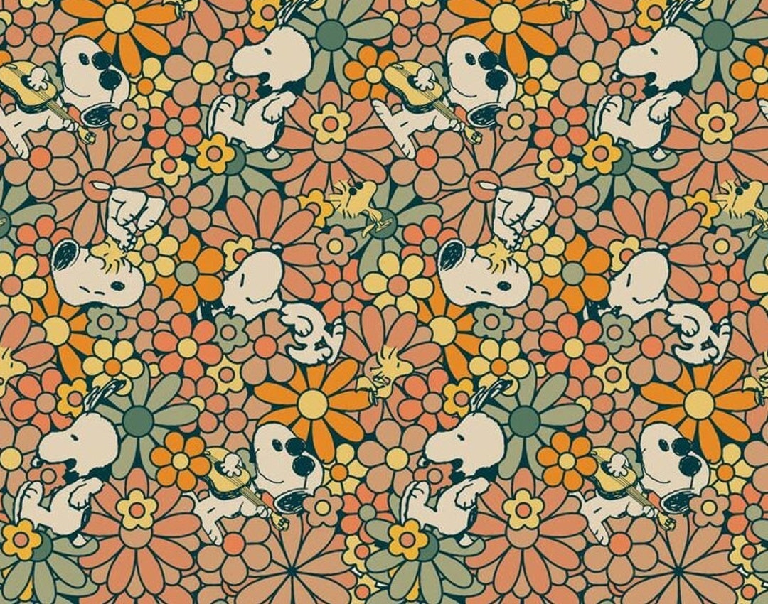 Jersey Peanuts Snoopy Groovy Flowers, Light Olive Colors, Fabrilogy ...