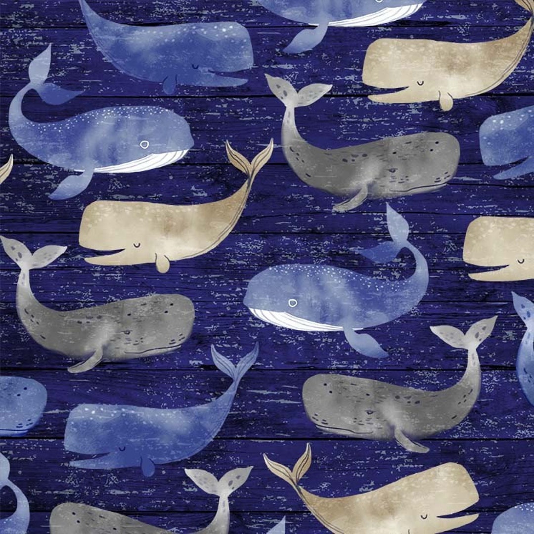 Cotton WHALES, Maritime, Whale, Orcas, Fish, Mammals, Blue, Sewing ...