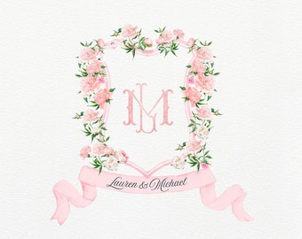 Blush Pink Watercolor Wedding Crest Monogram Crest Interlock Watercolor ...