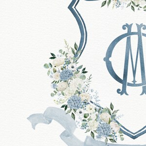 Dark and Light Blue and White Wedding Crest | Blue Watercolor Monogram ...