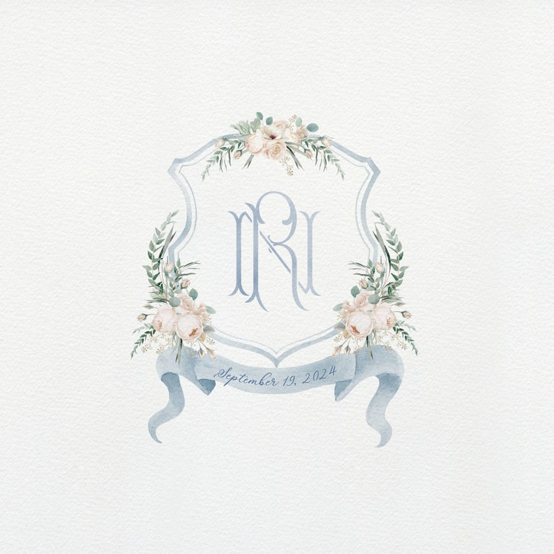 Blue and White Roses Wedding Crest Monogram Crest - Etsy