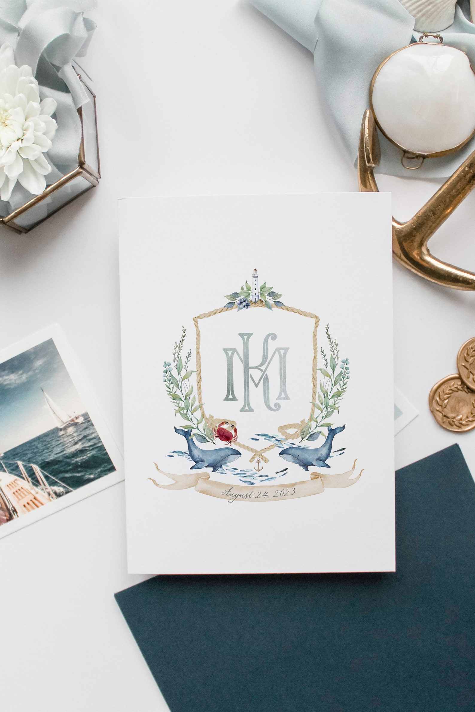 Ocean Wedding Watercolor Crest Monogram Whale Crest - Etsy