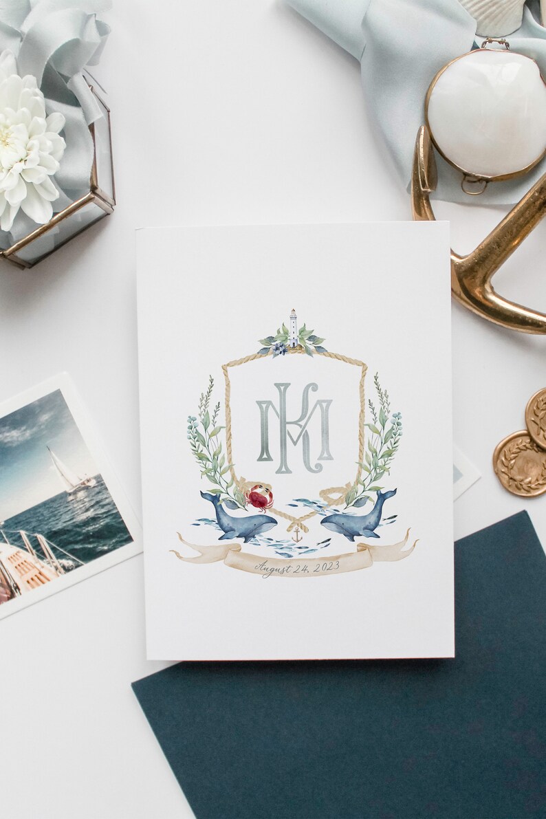 Ocean Wedding Watercolor Crest Monogram Whale Crest - Etsy