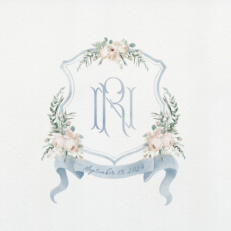 Blue and White Roses Wedding Crest Monogram Crest - Etsy