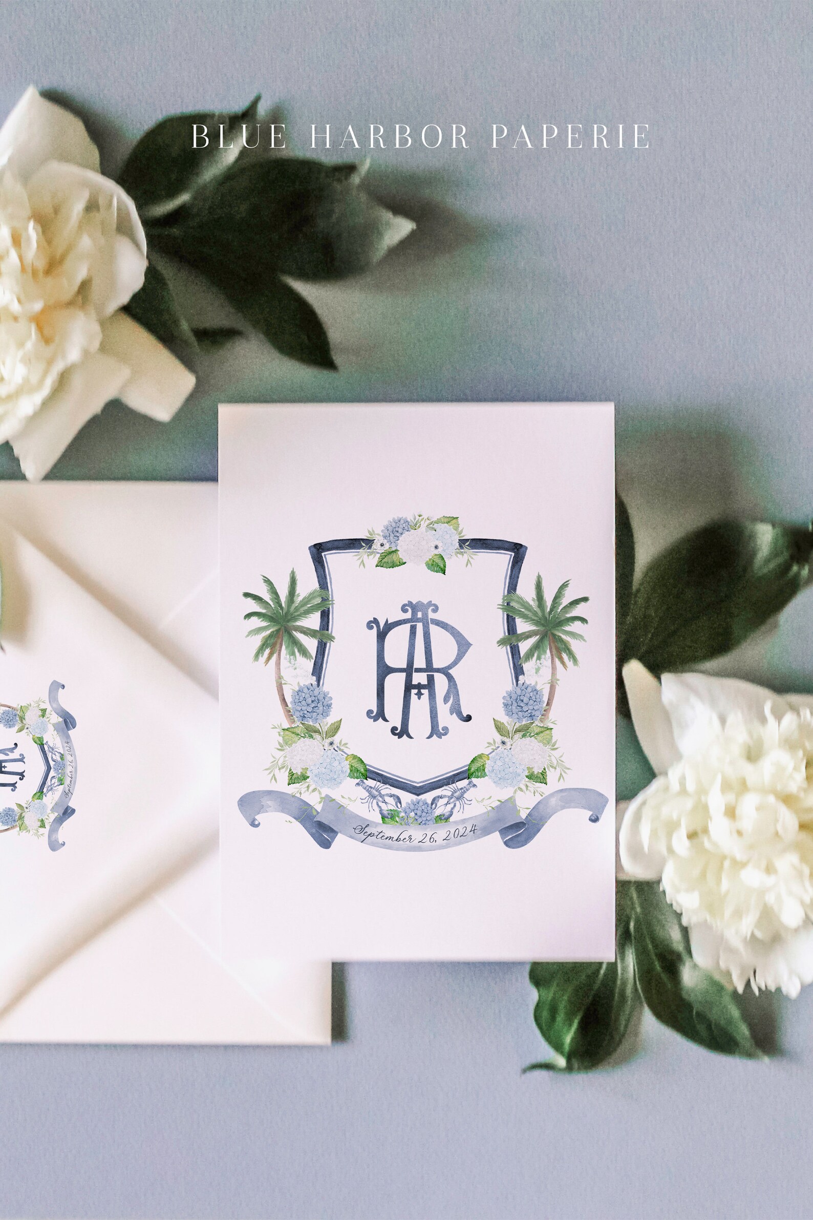 Watercolor Wedding Crest: Navy Blue Monogram, Tropical Palm (digital ...