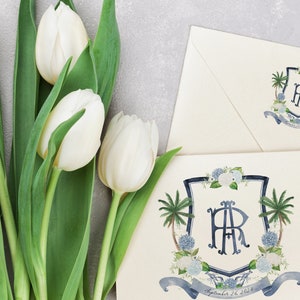 Watercolor Wedding Crest: Navy Blue Monogram, Tropical Palm (digital ...