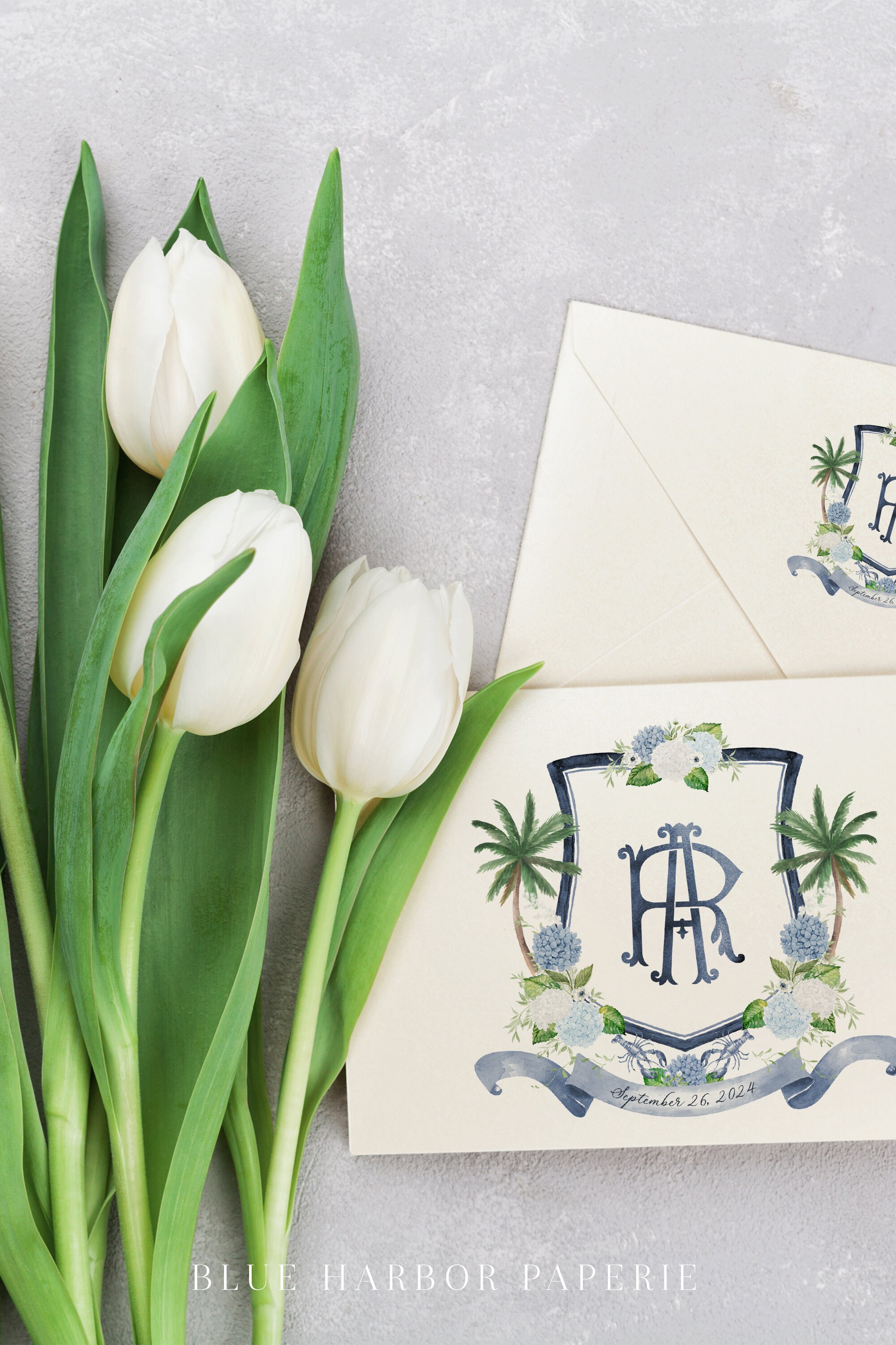 Watercolor Wedding Crest: Navy Blue Monogram, Tropical Palm (digital ...