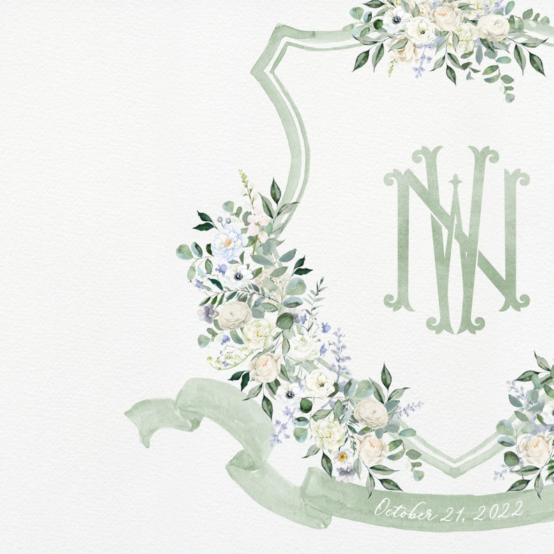 Sage Green Watercolor Wedding Crest Monogram Logo (digital Download ...