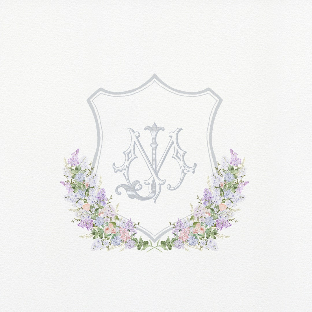 Lilacs Wedding Crest | Blue and Lilac Watercolor Monogram Crest ...