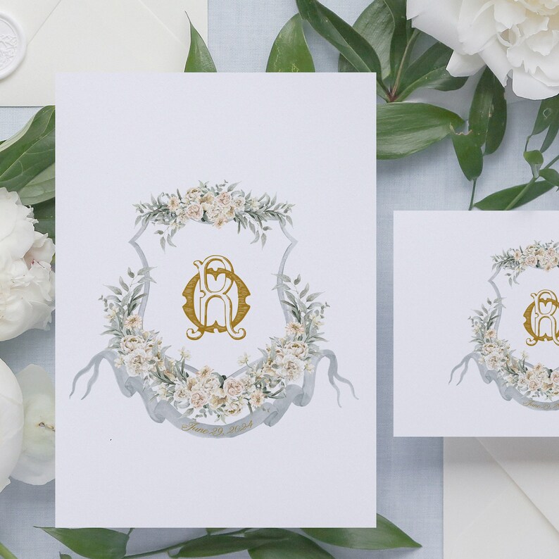 Blue and Gold Watercolor Wedding Crest Monogram Interlock - Etsy