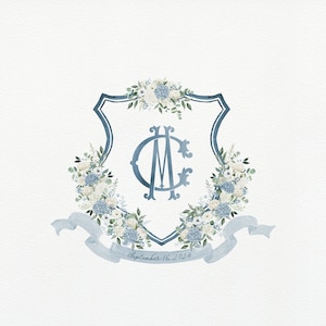 Dark and Light Blue and White Wedding Crest | Blue Watercolor Monogram ...
