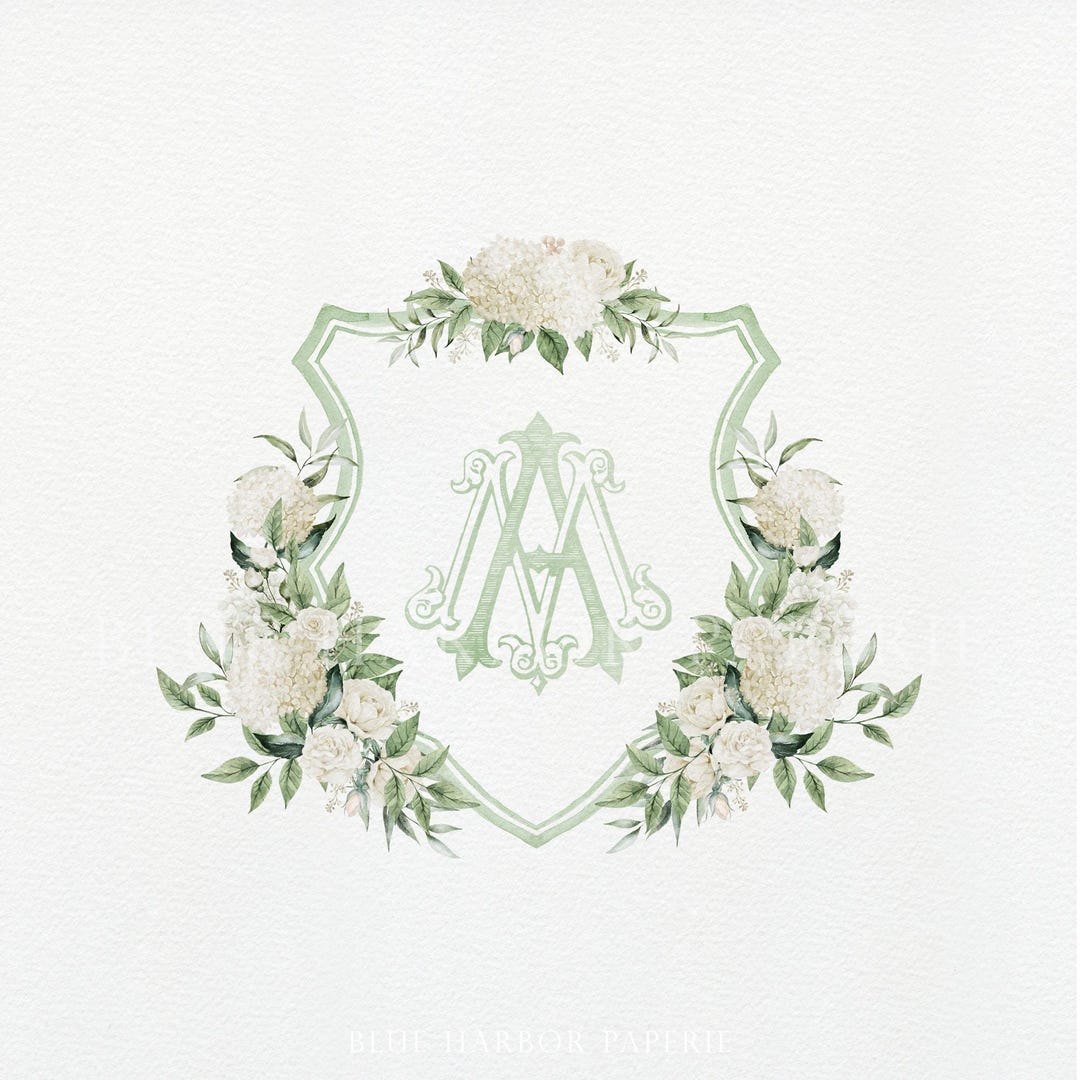 Sage Green Wedding Crest Monogram: Custom Watercolor Design (digital ...