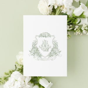 Hydrangea and Roses Wedding Crest | Vintage Line Art Wedding Crest ...