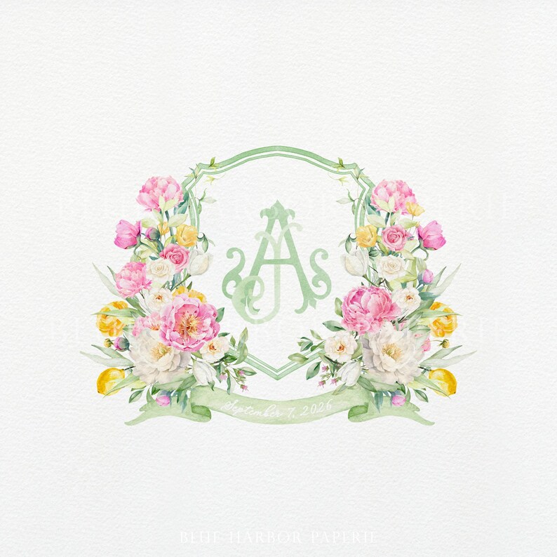 Pink and Yellow Floral Wedding Crest: Green Watercolor Monogram ...