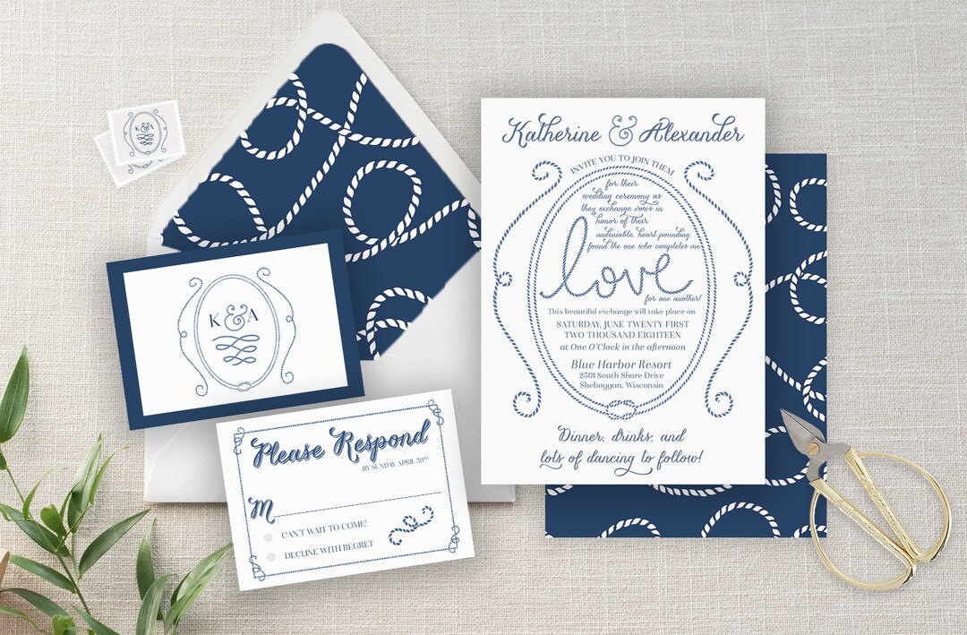 Nautical Wedding Invitation Suite: Hand-drawn Ropes & Knot - Etsy