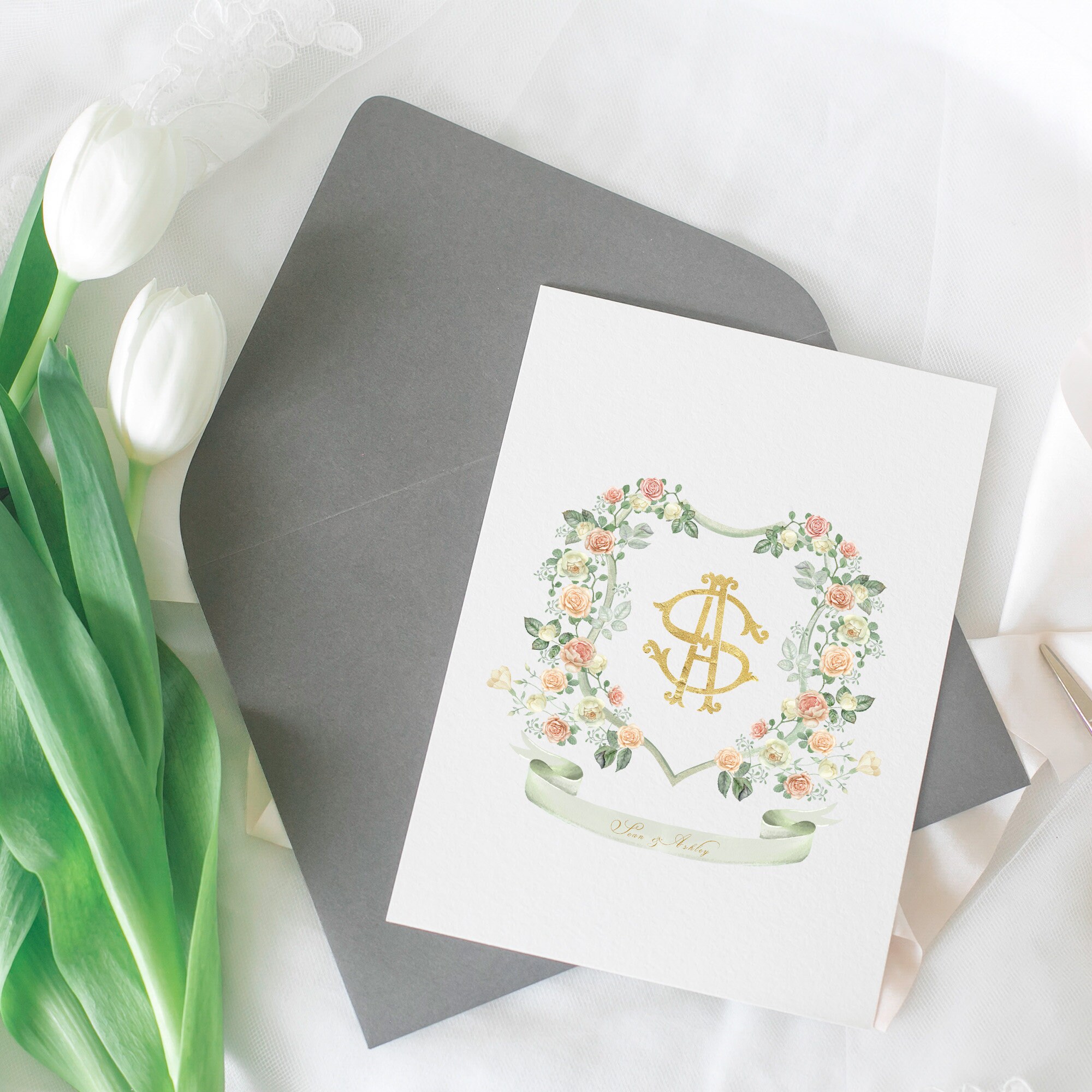 Watercolor Wedding Crest Monogram Logo Interlock Pink - Etsy