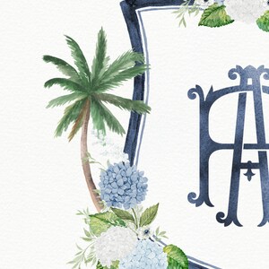 Watercolor Wedding Crest: Navy Blue Monogram, Tropical Palm (digital ...