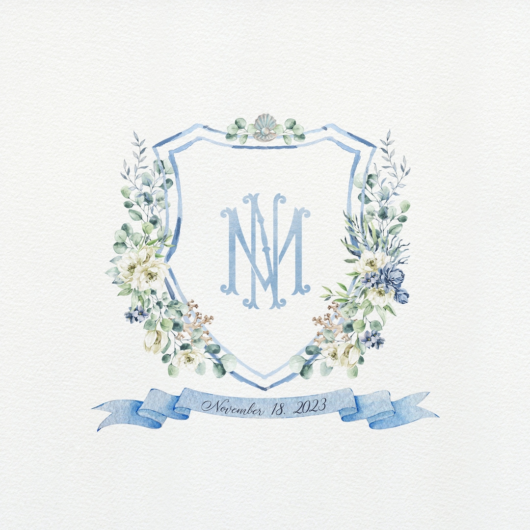 Beach Wedding Crest - Watercolor Crest - Monogram Crest - Seashell ...