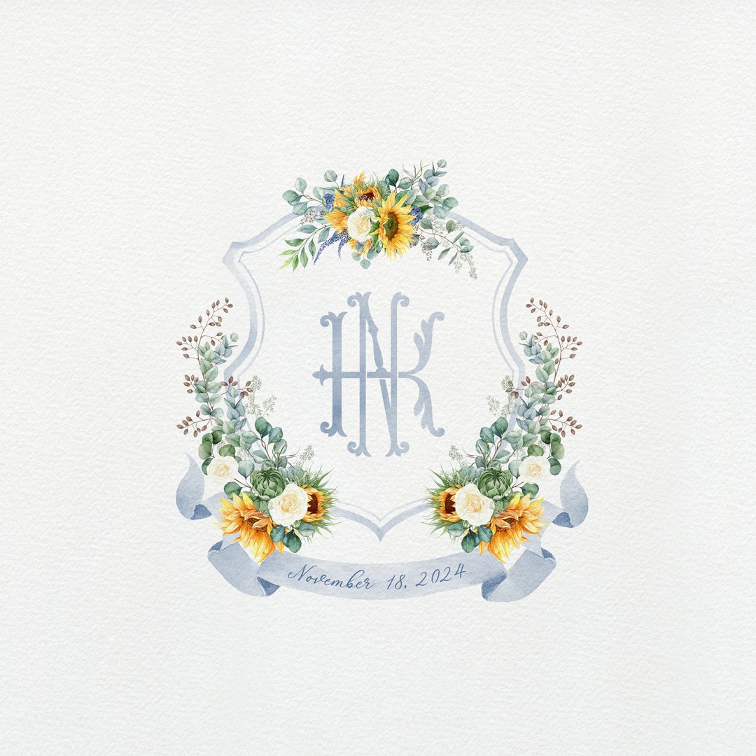 Sunflower Wedding Crest: Dusty Blue Watercolor Monogram (digital ...