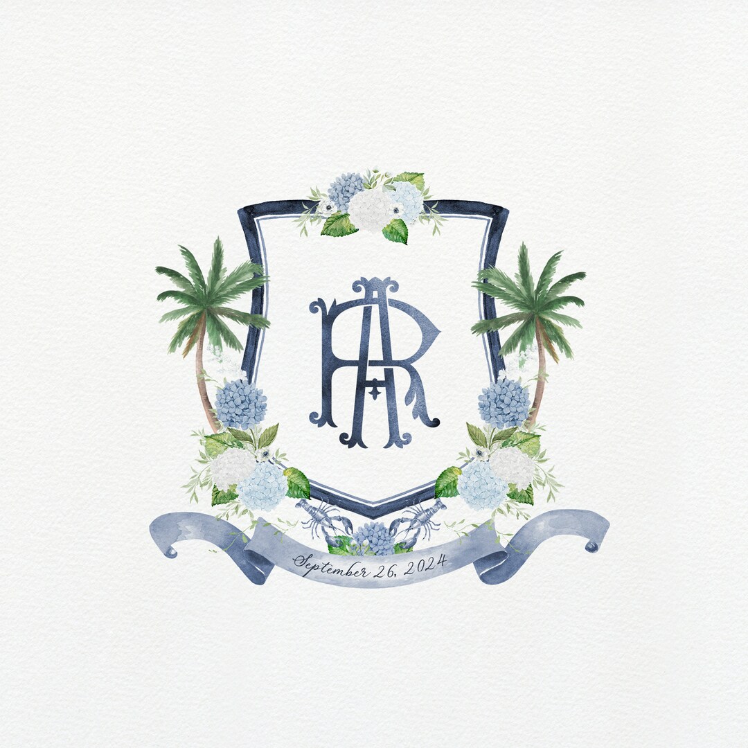 Watercolor Wedding Crest: Navy Blue Monogram, Tropical Palm (digital ...
