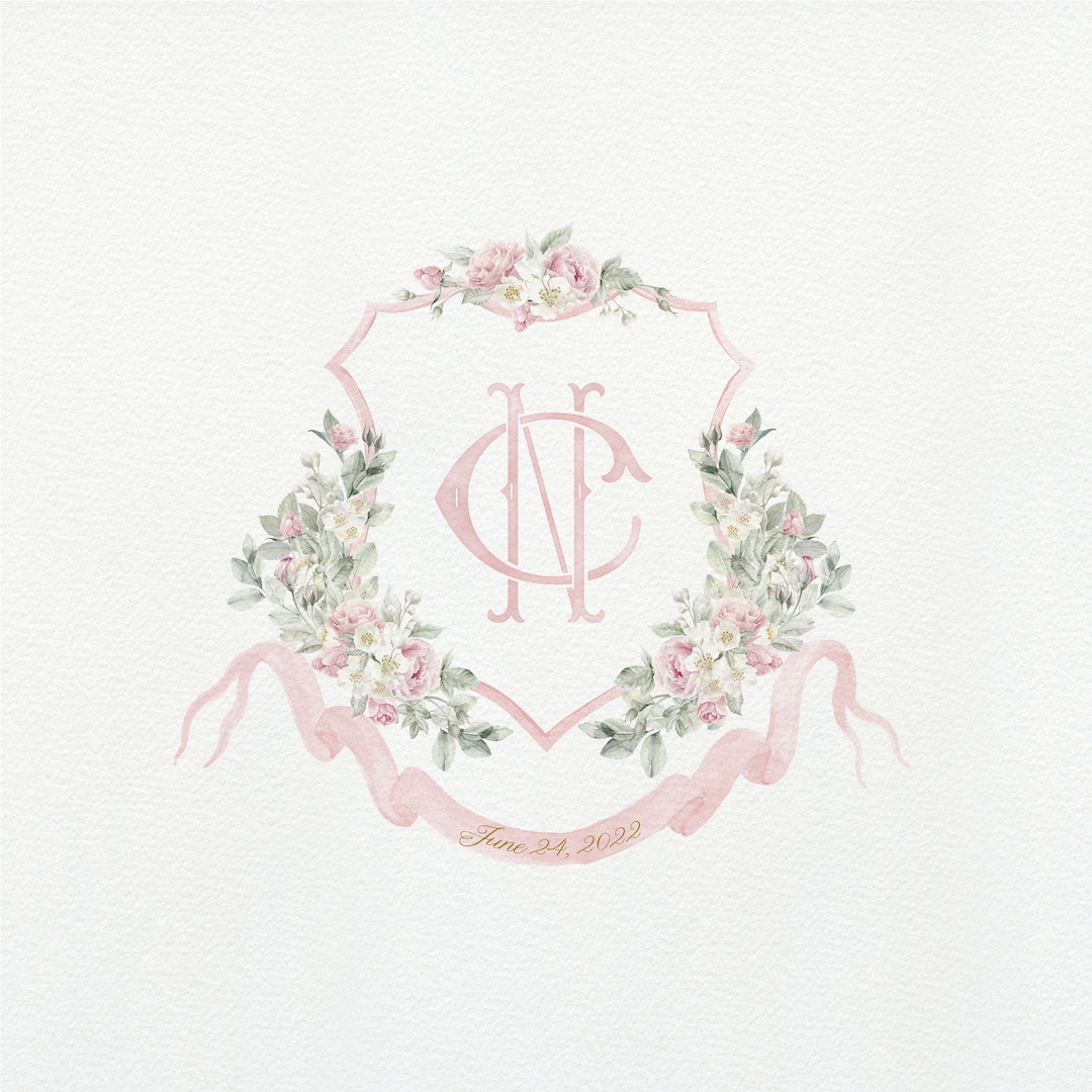 Pink Watercolor Wedding Crest | Monogram Interlock - Watercolor - Two ...
