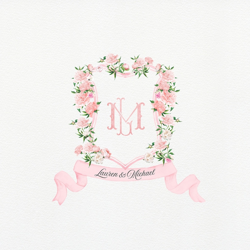 Pink Peonies Watercolor Wedding Crest: Two-letter Monogram (digital) - Etsy
