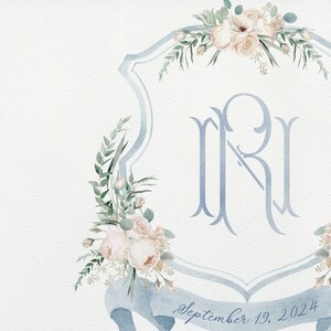 Blue and White Roses Wedding Crest | Monogram Crest | Watercolor Dog ...