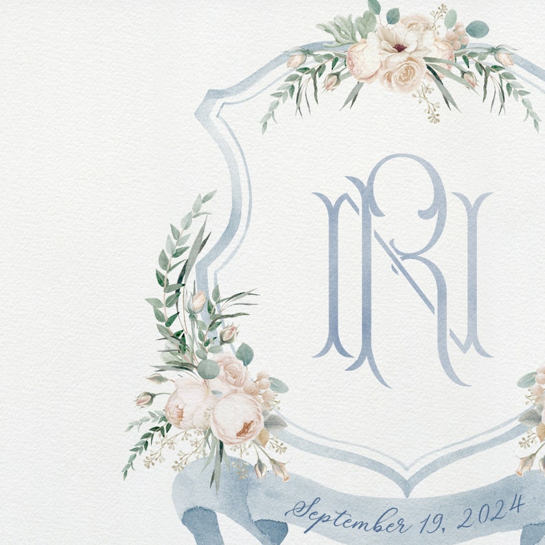 Blue and White Roses Wedding Crest Monogram Crest - Etsy