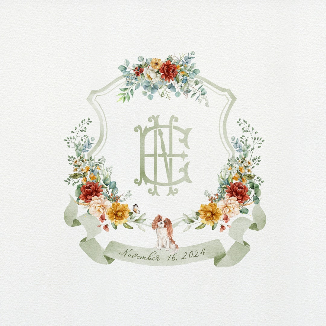 Sage Green Fall Watercolor Wedding Crest Monogram | Monogram Logo ...